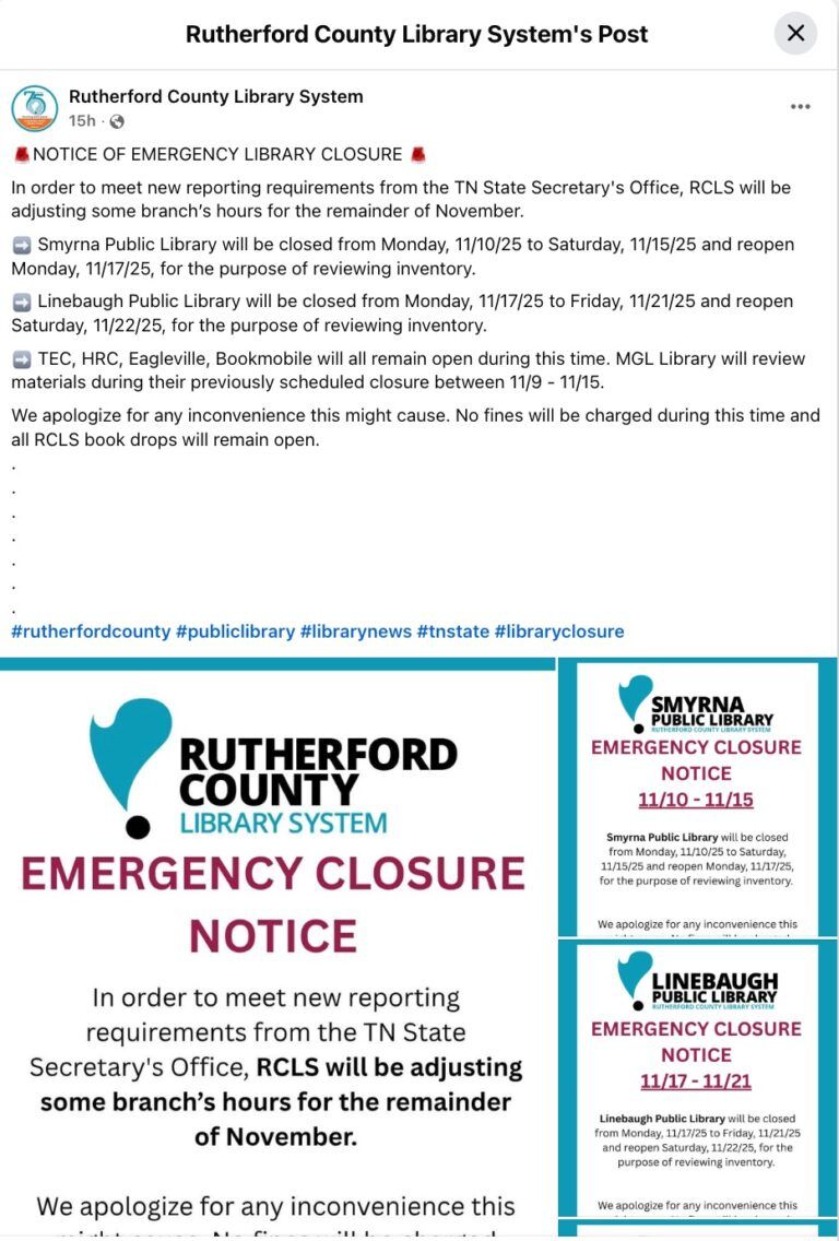 Rutherford County Library System (TN) Temporarily Shuts Down to Ban Books